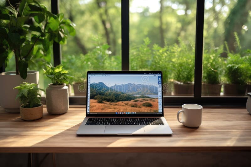 Scenic Nature View from Table with Laptop, Emphasizing Remote Work ...