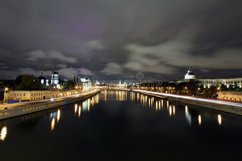Scenic Night View of the Moskva River Stock Photo - Image of lamp, road ...