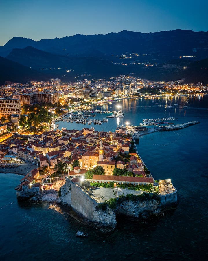 Scenic Nighttime Aerial View of Budva, Montenegro Stock Image - Image ...