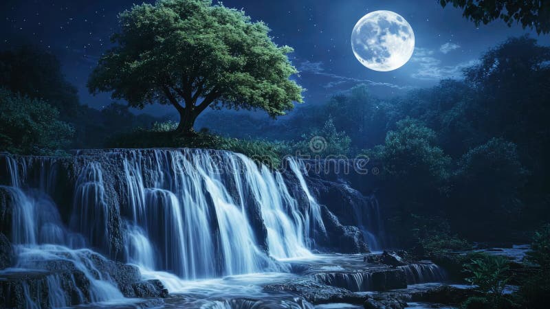 Moonlit Waterfall stock video. Video of cascade, serene - 383497603