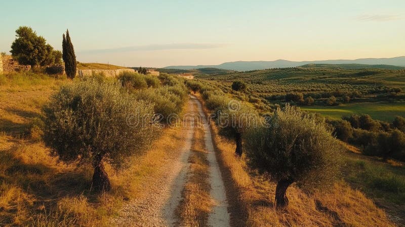 Scenic Olive Tree Path Leading through Rolling Hills at Sunset Stock ...
