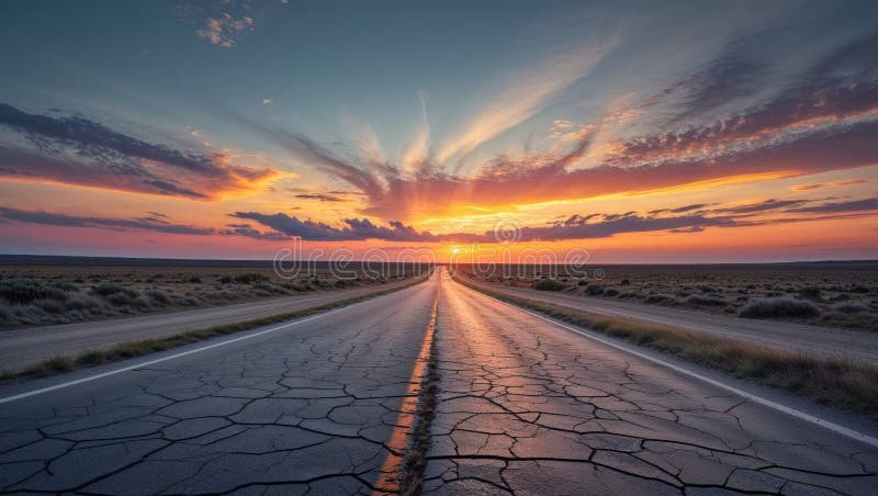 Scenic Open Road Landscape with Cracked Pavement and Dramatic Sky at ...