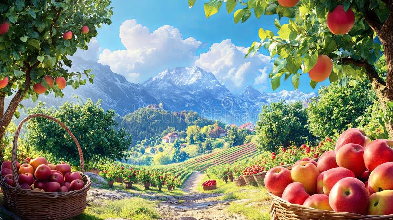 A Scenic Orchard with Ripe Fruit Trees and Baskets Ready for Picking ...