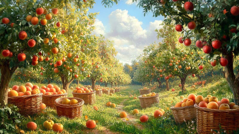 A Scenic Orchard with Ripe Fruit Trees and Baskets Ready for Picking ...