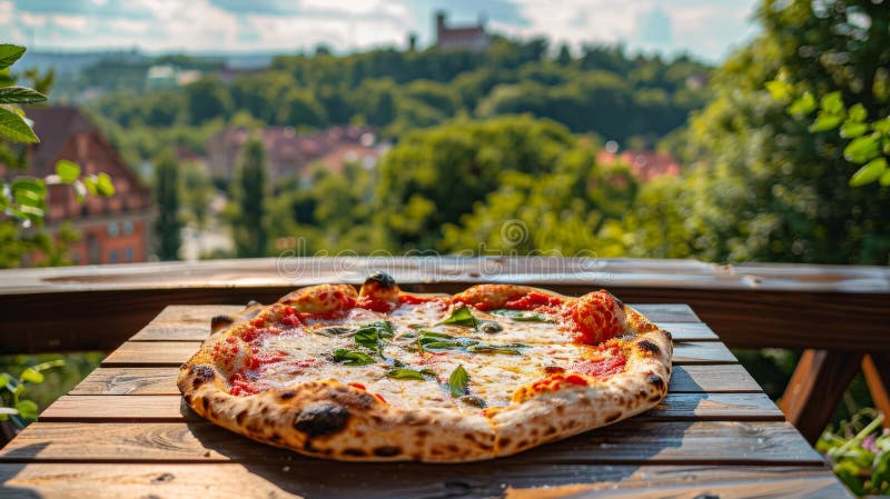 Scenic Outdoor Dining Experience with Fresh Pizza Overlooking Cityscape ...