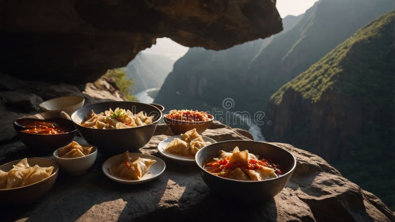 Delicious Dumpling Meal with Stunning Mountain View Stock Illustration ...