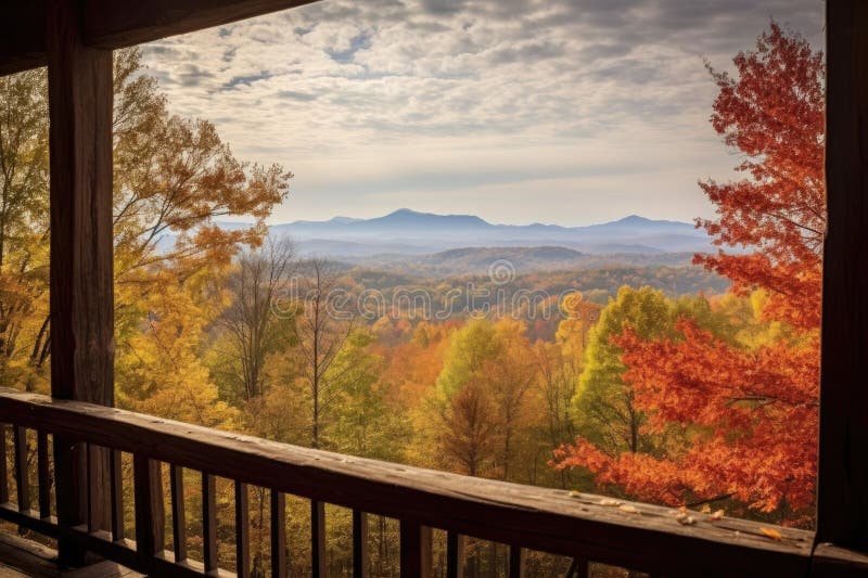 Scenic Overlook with Autumn Trees and Distant Mountain Range Stock ...