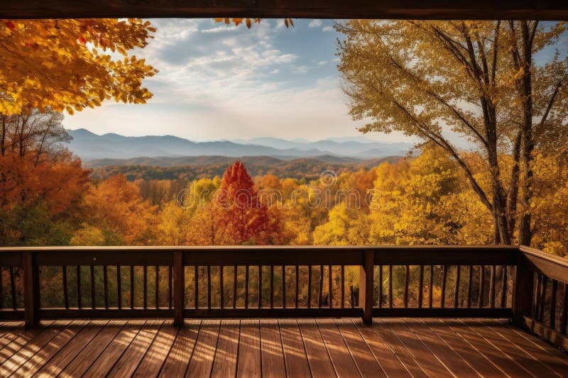 Scenic Overlook with Autumn Trees and Distant Mountain Range Stock ...