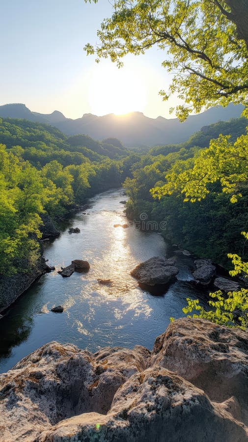 Scenic Overlook with Stunning View of River at Sunset Stock ...