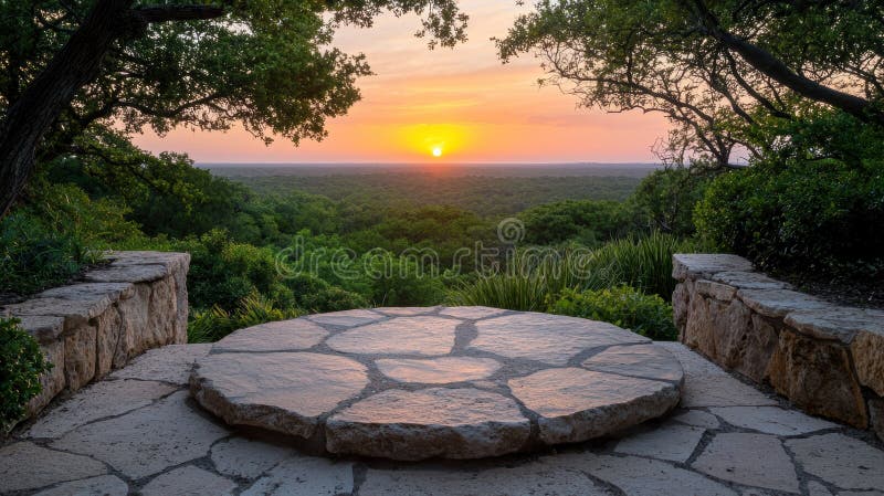 Scenic Overlook at Sunset with Stone Platform and Trees Framing the ...