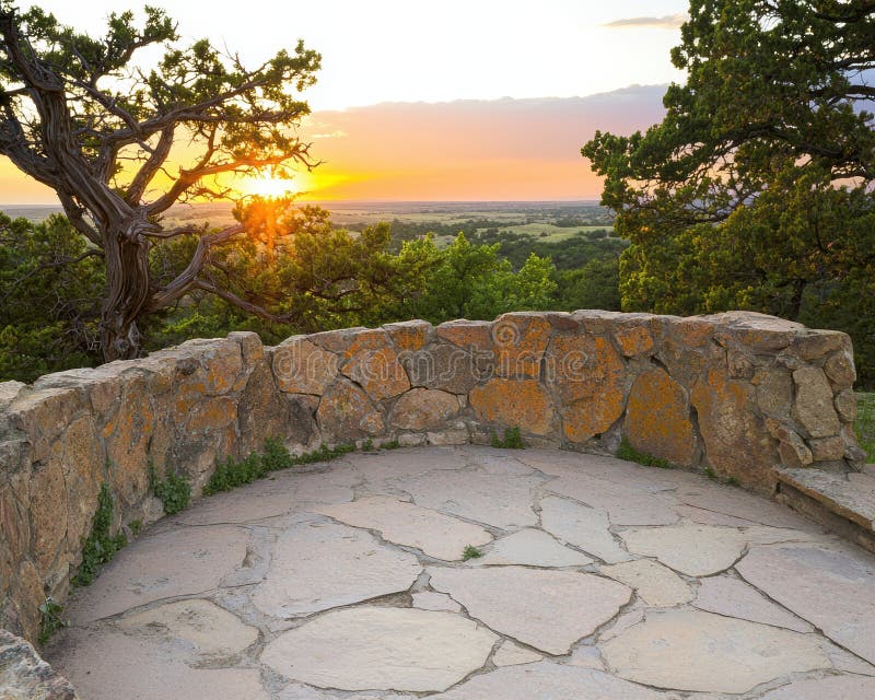 Scenic Overlook at Sunset with Stone Wall and Trees. Stock Illustration ...