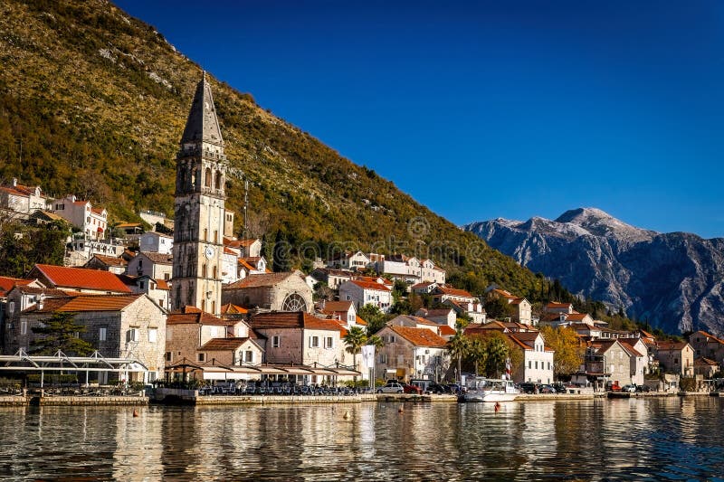 Scenic Panoramic View of Perast Old Town in Montenegro Stock Photo ...