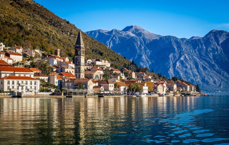 Scenic Panoramic View of Perast Old Town in Montenegro Stock Photo ...