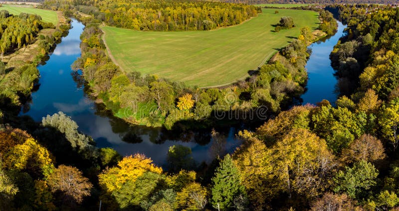 Scenic Panoramic View of the Sharp Turn of the River among the Fields ...
