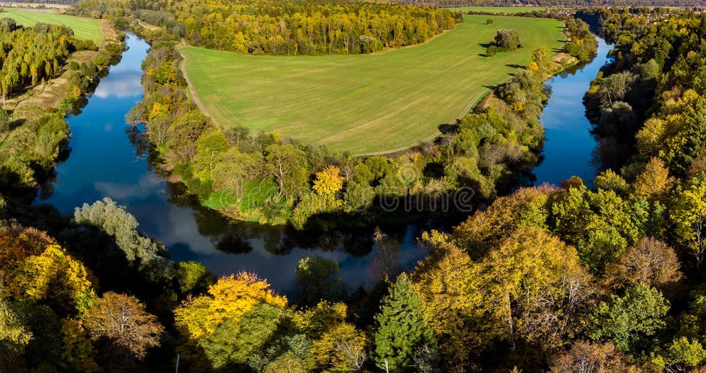Scenic Panoramic View of the Sharp Turn of the River among the Fields ...