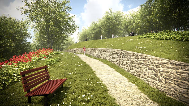 A Scenic Park with Paths Trees Benches and People Stock Illustration ...