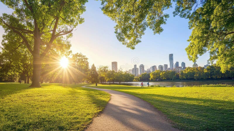 Scenic Park View with Sunlight, Pathway, and City Skyline in the ...