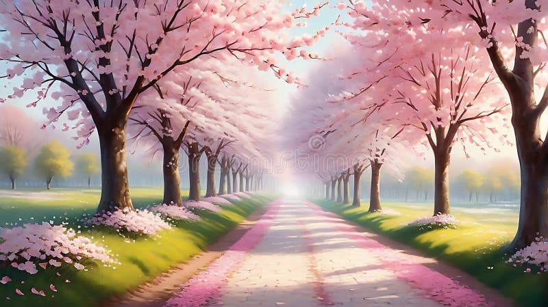 Scenic Path with Blooming Cherry Blossoms and Falling Petals Stock ...