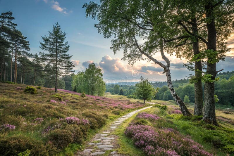 Scenic Path through Blooming Heather Field at Sunset Stock Illustration ...