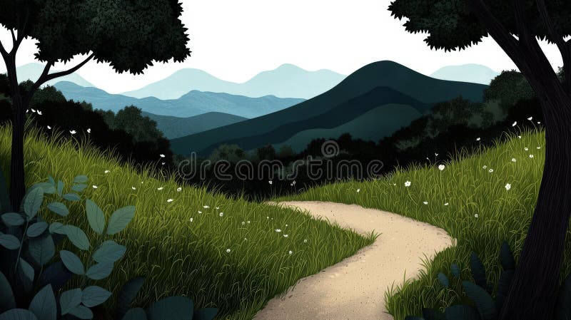 Scenic Path through Lush Green Hills Stock Illustration - Illustration ...