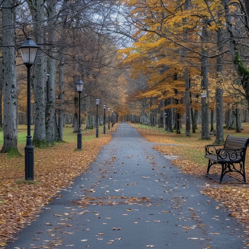A Scenic Path in a Park with Trees, Leaves, and Grass on the Ground ...
