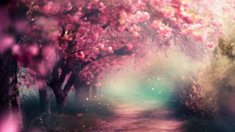 Scenic Path Under Pink Cherry Blossoms in a Misty Forest, Creating a ...