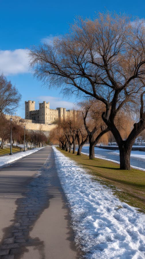 Scenic Pathway and Distant Castle on a Hill in Late Winter with Melting ...