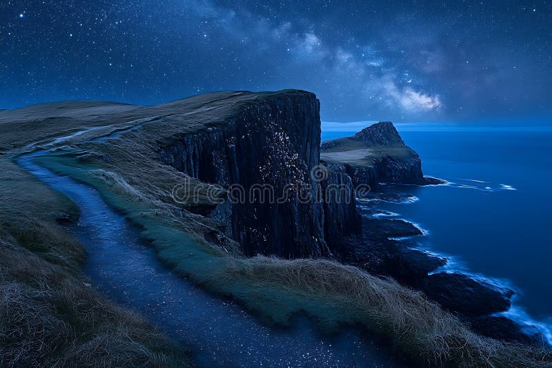 A Scenic Pathway Leads Along a Dark Coastal Cliffside at Night Stock ...