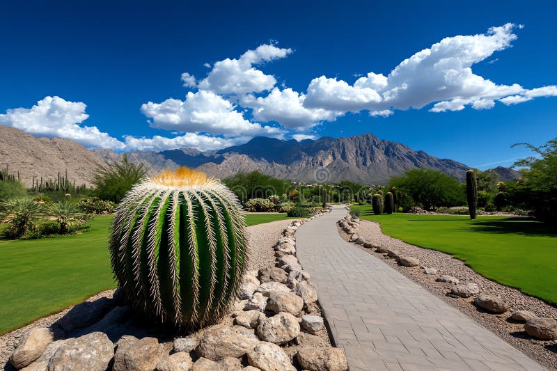 A Scenic Pathway Leads through a Desert Garden with a Large Cactus in ...