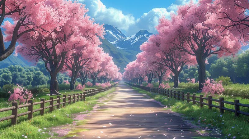 Scenic Pathway Lined with Blooming Cherry Trees Stock Illustration ...