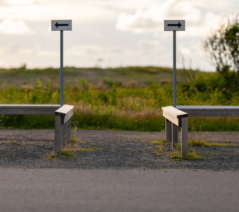 Scenic Pathway Split with Directional Signs.. Stock Image - Image of ...