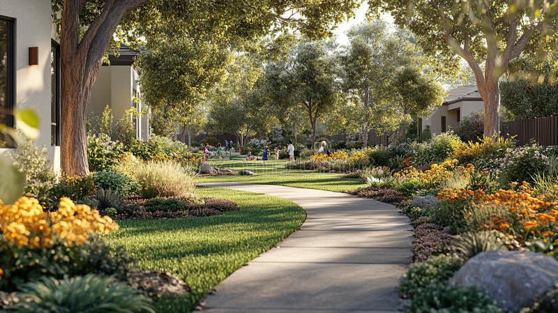 Scenic Pathway Winds through a Vibrant Community Stock Illustration ...