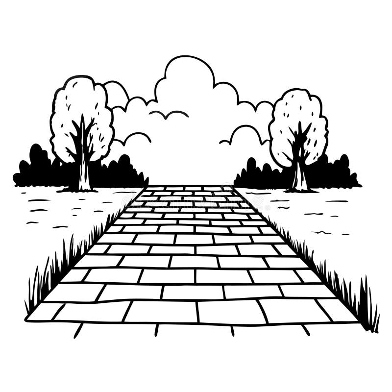 Scenic Paved Pathway in Park with Trees and Clouds Vector Illustration ...