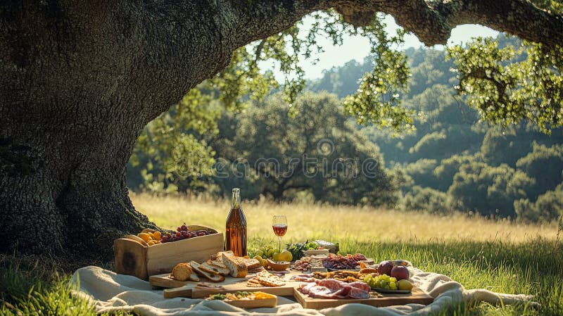 A Scenic Picnic Setup Under a Large Tree, with Charcuterie Boards and ...