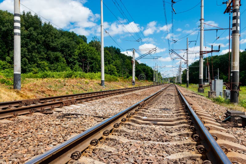 Scenic Railroad in Rural Area and Blue Sky with White Clouds in Summer ...
