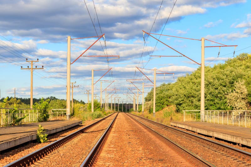Scenic Railroad in Rural Area and Blue Sky with White Clouds at Summer ...