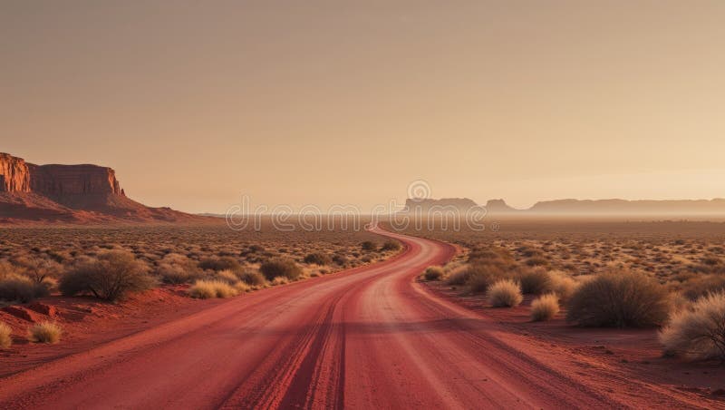 Scenic Red Dirt Road through Desert Landscape with Open Sky and Copy ...