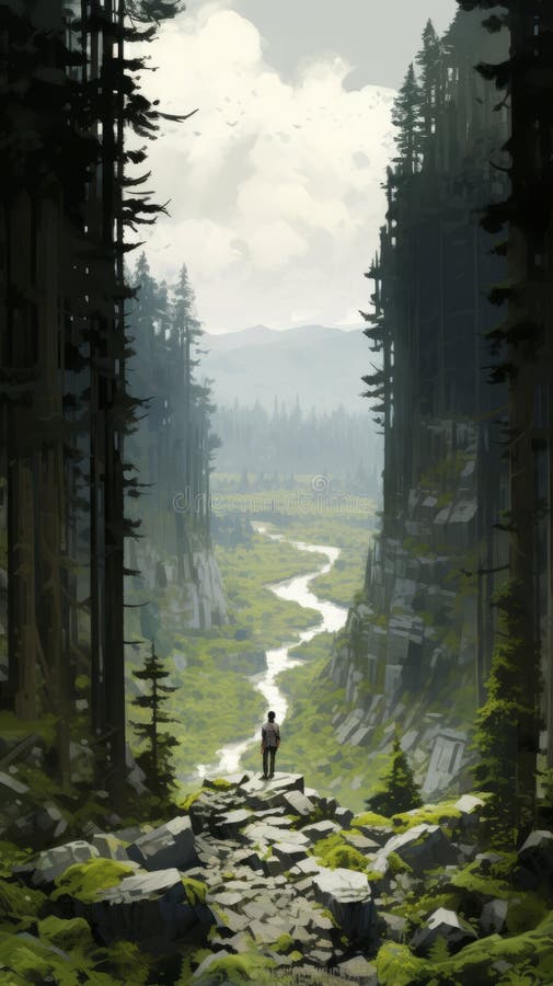 Scenic Rendering of Man Walking Down Path and Over River Stock ...