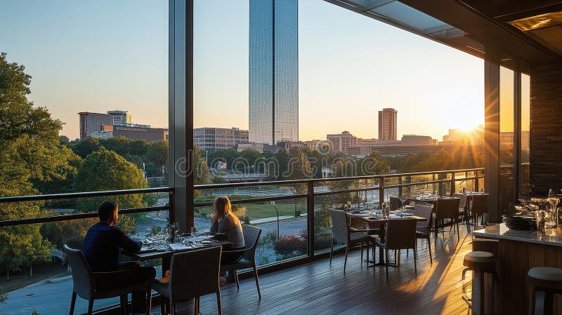 A Scenic Restaurant View Featuring a Sunset and City Skyline Stock ...