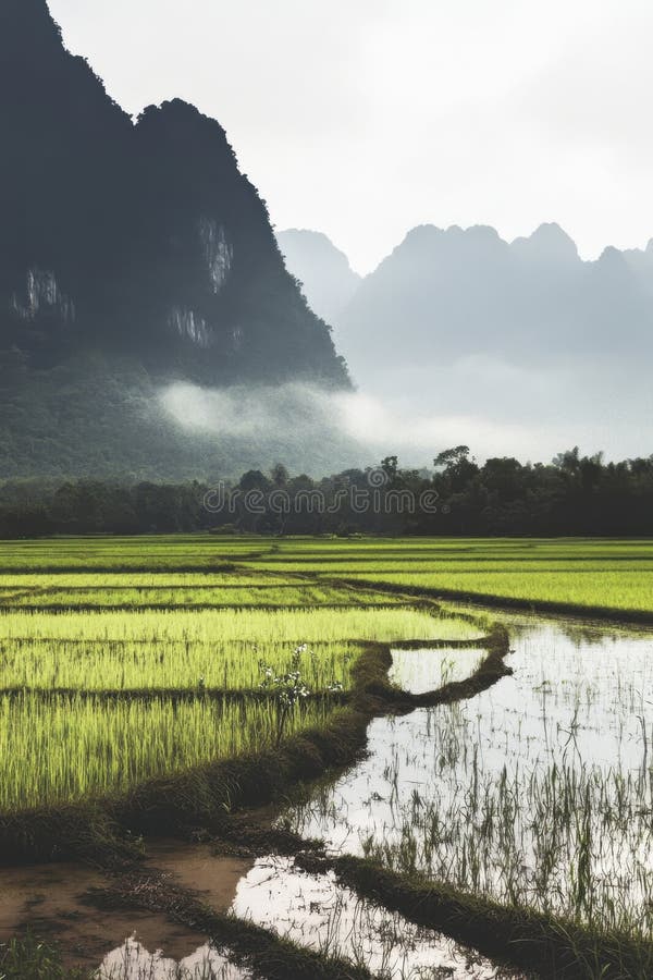 Scenic Rice Fields with Misty Mountains and Lush Greenery in Rural ...