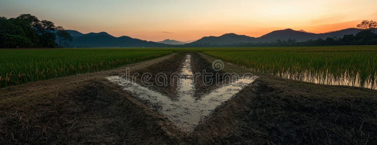 Scenic Rice Paddy Field at Sunset with Water Irrigation System. Stock ...