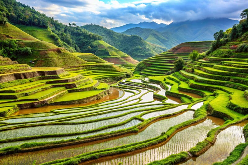 Scenic Rice Terraces in Rural Landscape Stock Illustration ...