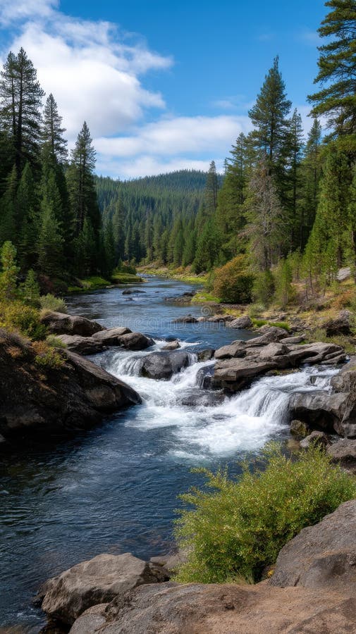 Scenic River Flowing through a Forest Landscape with Boulders and Blue ...