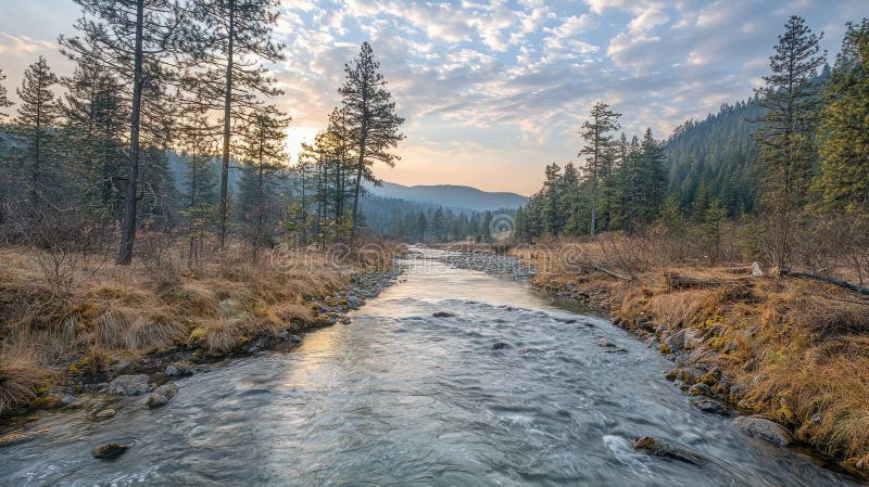 Scenic River Flowing through a Forested Valley at Sunrise Stock ...