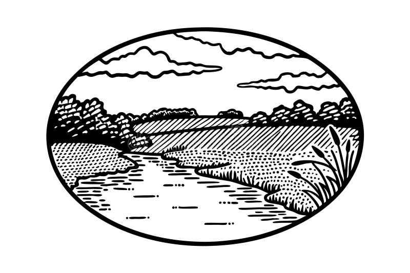 Scenic River Landscape Drawing with Trees and Fields, Classic Nature ...