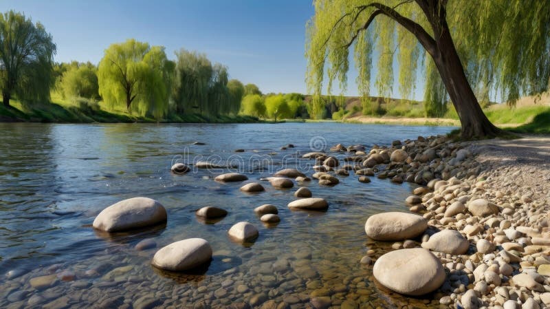Scenic River Landscape with Willow Trees and Rocks Under a Clear Blue ...