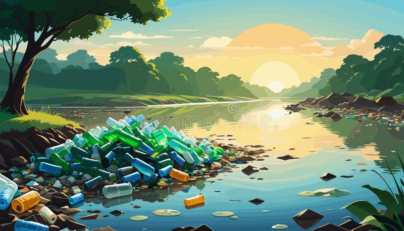 Polluted River with Plastic Waste at Sunset Stock Illustration ...
