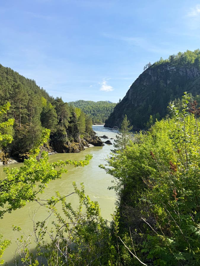 Scenic River Valley Forested Hills Under Clear Blue Sky Stock Photos ...