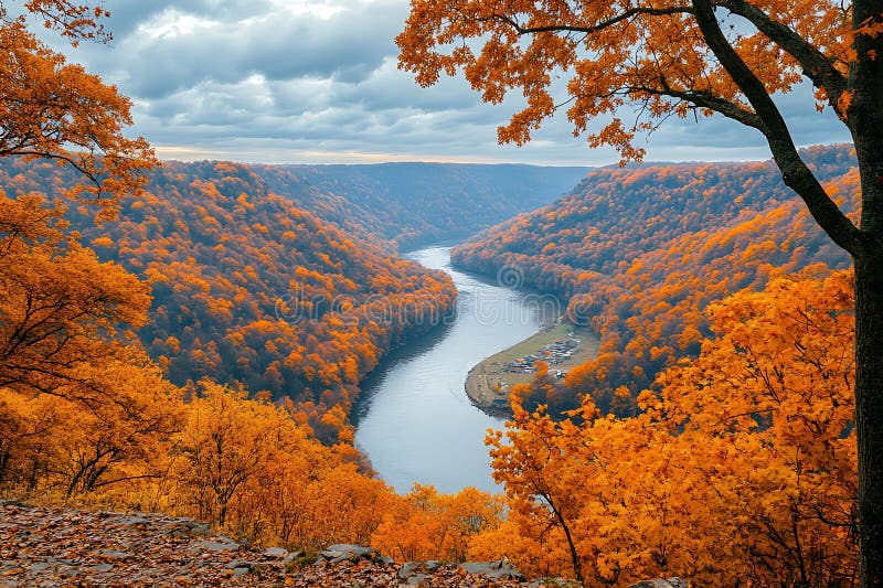 A Scenic River Valley is Surrounded by Autumn Colors Stock Photo ...
