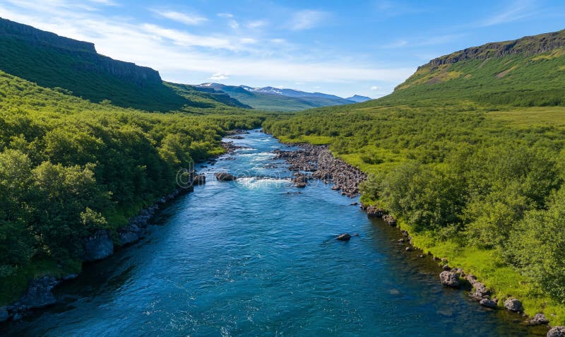Scenic River Winding through Lush Green Valley Stock Illustration - Illustration of alpine ...